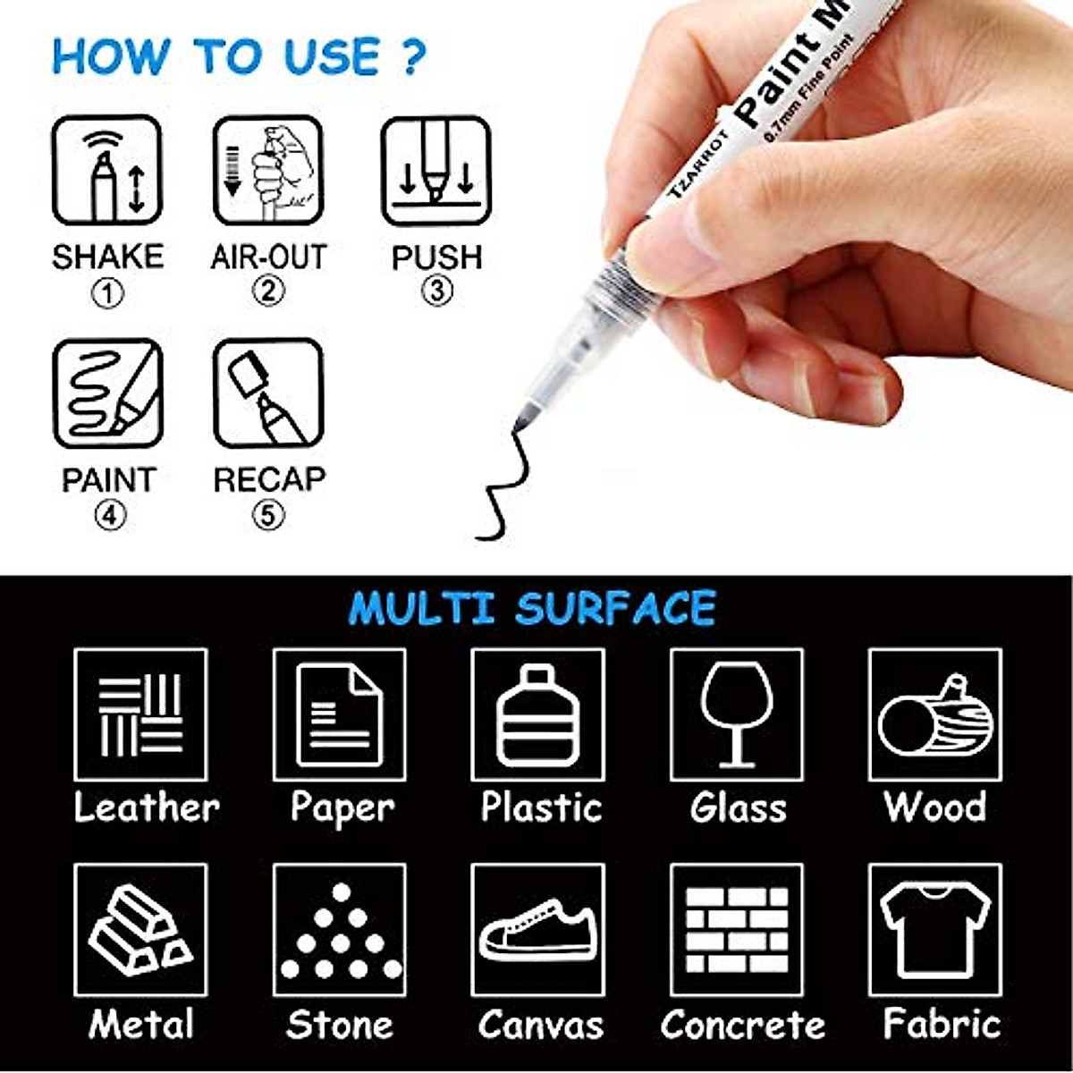 White Paint Pen, 8 Pack 0.7mm Acrylic Paint Pens with 2 White 2 Black 2 Gold 2 Silver Paint Pen Permanent Marker for Wood Rock Fabric Metal Plastic Ceramic Acrylic Paint Markers Extra Fine Tip