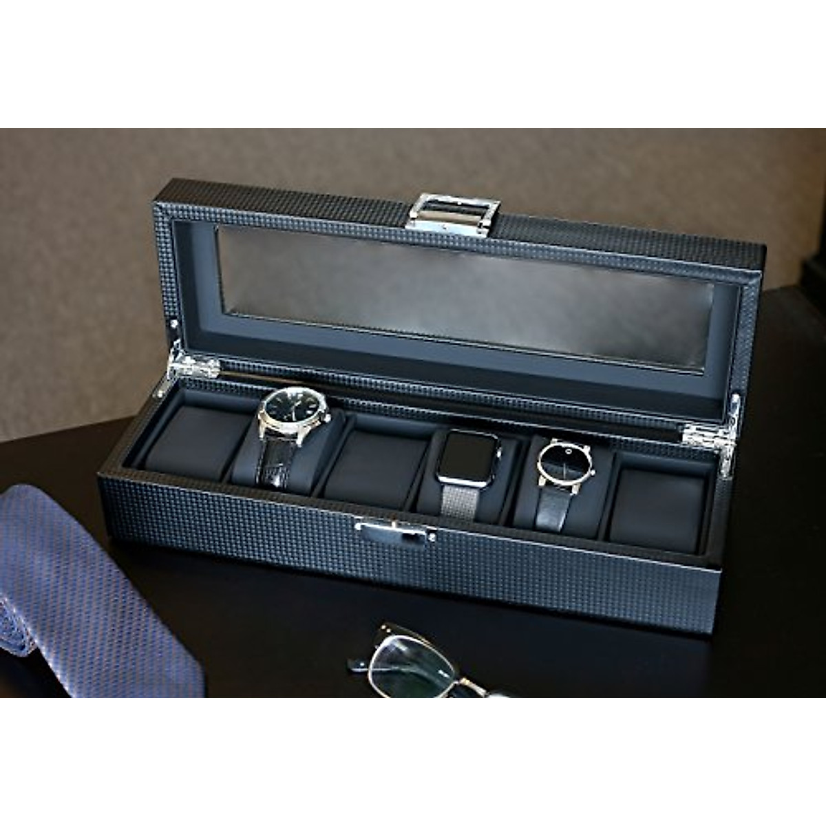 Mantello Watch Box for Men - 6 Slot Luxury Carbon Fiber Watch Case, Watch Box Organizer for Men, Gifts for Him, Metal Buckle - Black