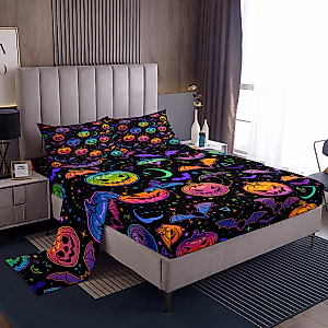 Colorful Pumpkin Bat Bedding Set Cartoon Moon Star Print Bedding Sheet Halloween Themed Rainbow Bed Sheets for Children Kids Boys Girls Microfiber Bed Sheet Set Room Decor Full Size