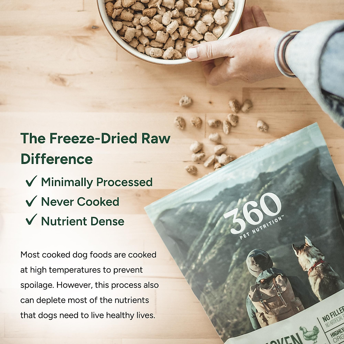 360 Pet Nutrition Raw Freeze-Dried Dog Food, High Protein, Balanced Meal, Chicken, Liver, Heart, Fruit, Veggies, Superfoods, No Fillers, 16 oz Food/Bites/Kibble (Chicken)