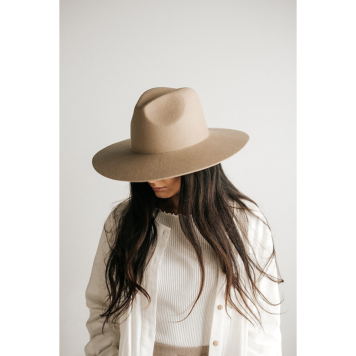 Gigi Pip Emma Wide Brim Felt Fedora Hat, 100% Australian Wool, Tan, Small/Med