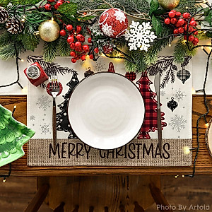 Artoid Mode Red Pine Trees Balls Merry Christmas Placemats Set of 4, 12x18 Inch Winter Xmas Table Mats for Party Kitchen Dining Decoration