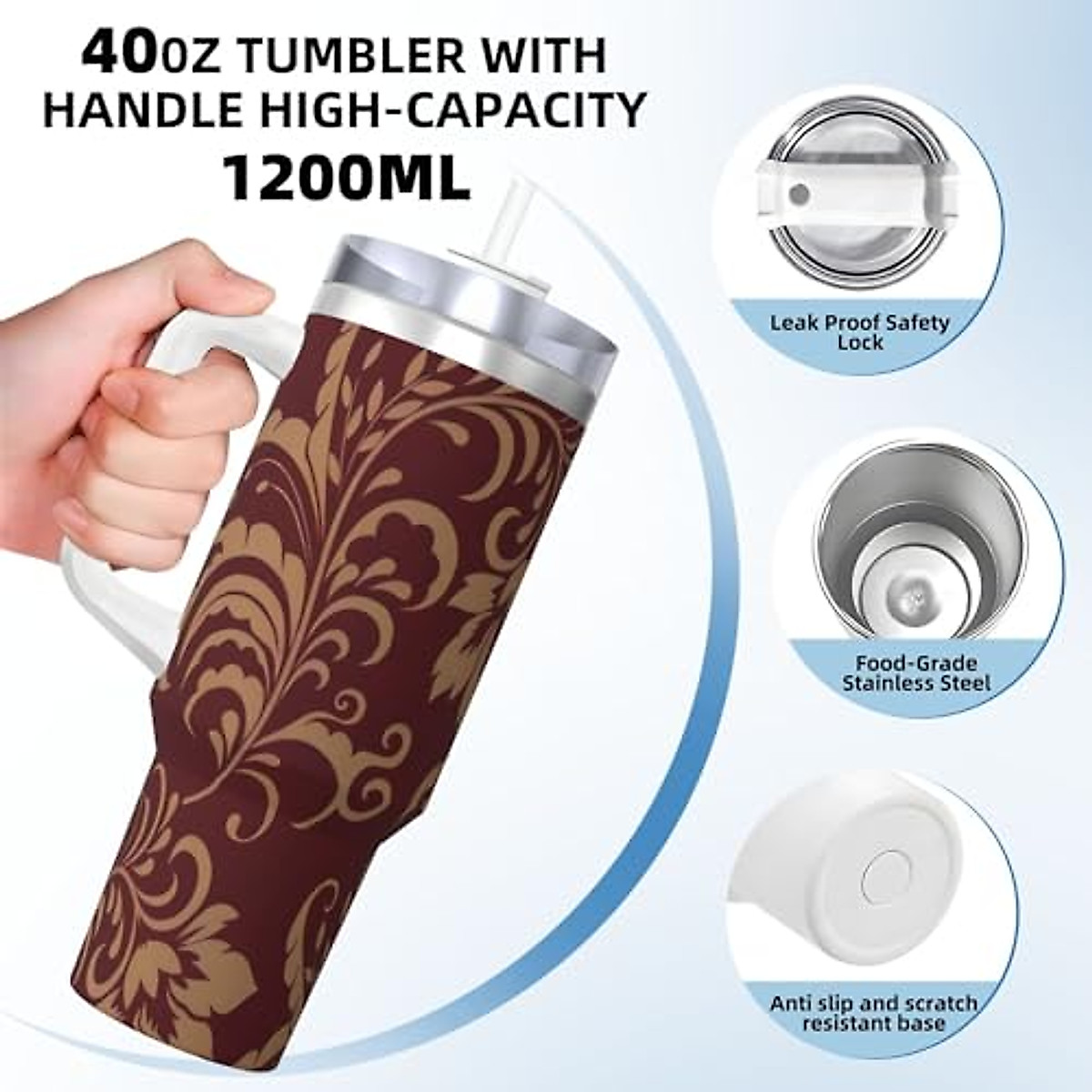 Xiexide 40oz Rustproof Outdoor Flower Maroon Gold Floral Classy Antique Double Walled Vacuum Insulatedith Handle And Straw,Hot & Cold Drinks