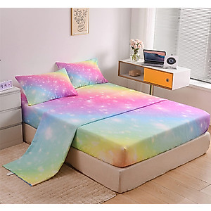 URLINENS Rainbow Sheets Twin Size 3 Piece, Tie Dye Pastel Girls Sheet Set for Kids Teens, Glitter Fun Girly Bed Sheets Soft Microfiber Rainbow Bedding Set 1 Fitted Sheet 1 Flat Sheet 1 Pillowcase