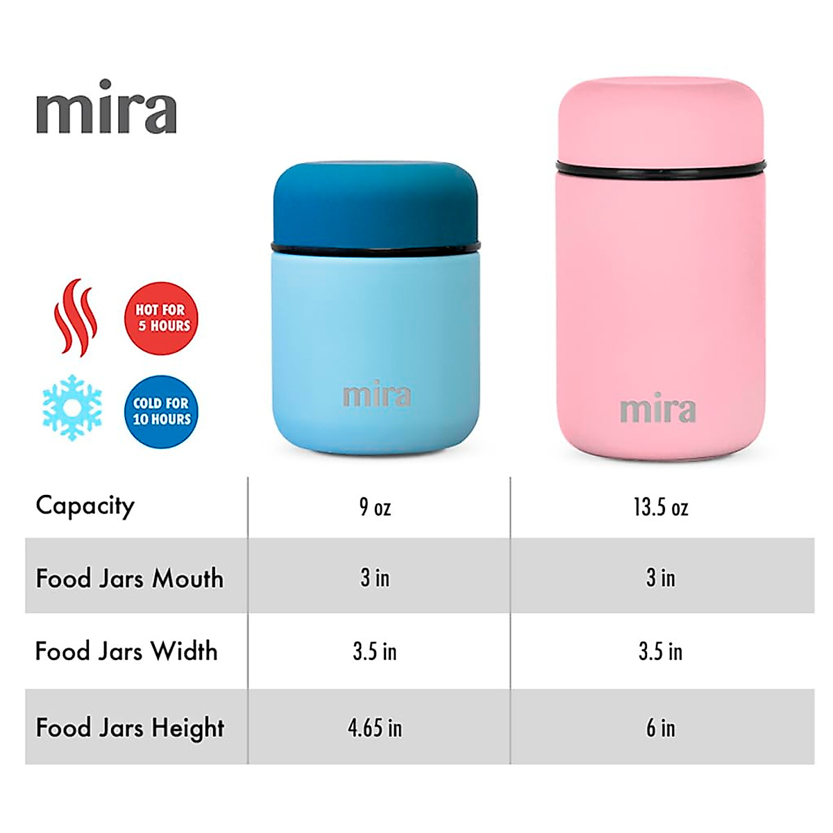 MIRA 2 Pack Insulated Food Jar Thermos for Hot Food & Soup, Compact Stainless Steel Vacuum Lunch Container, 13.5 oz, Denim, Pink