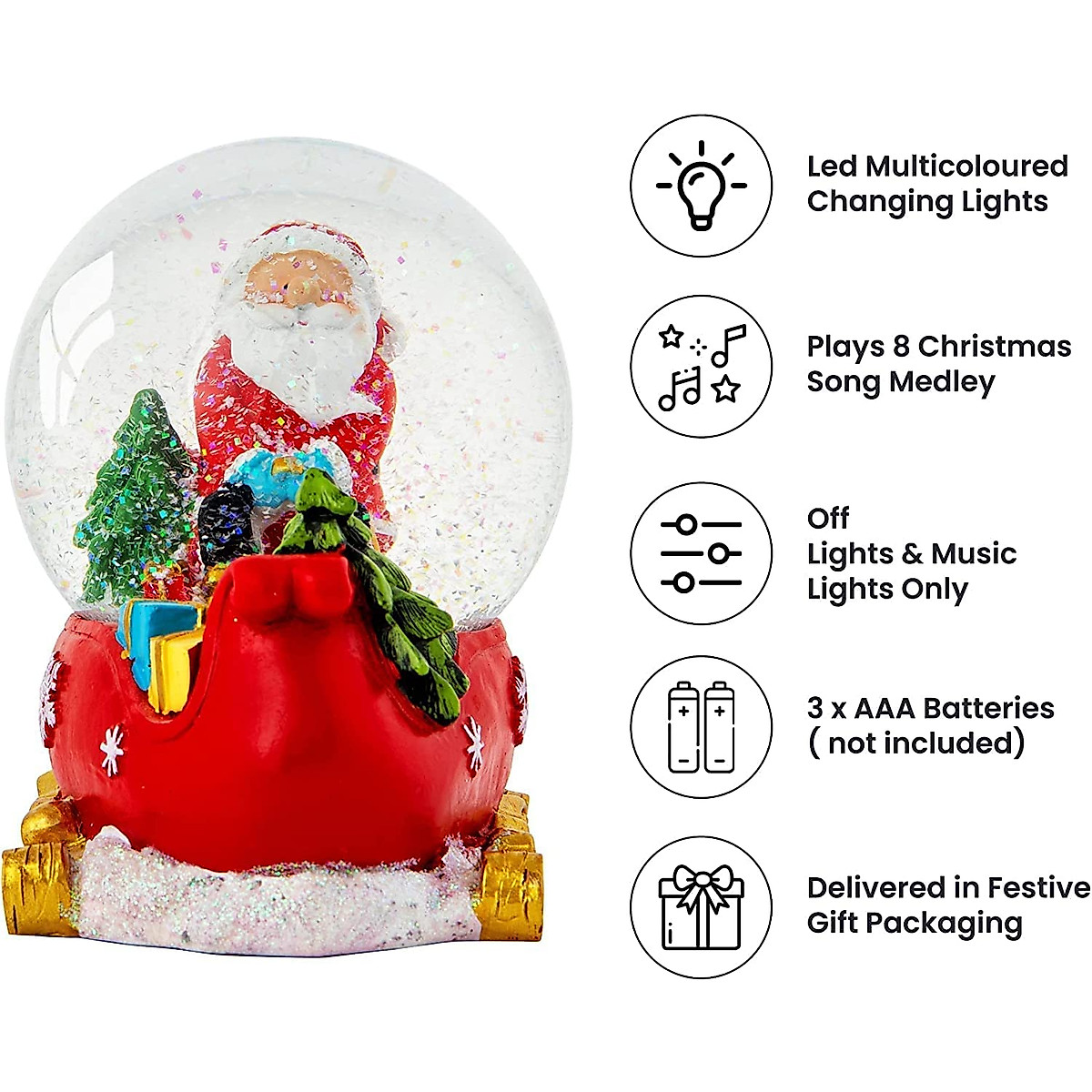 Celebright Christmas Musical Snow Globe - Plays 8 Songs Including Jingle Bells & Lights Up with Changing LED Colours - Large 14cm (Santa on a Sleigh Base)