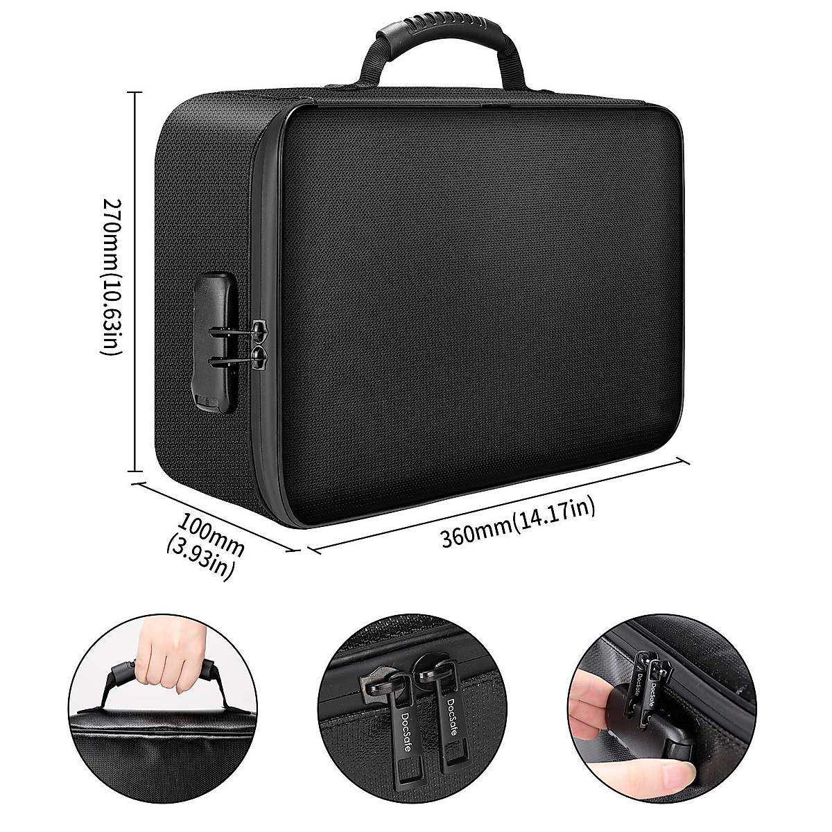 DocSafe Document Bag with Lock,Fireproof 3-Layer File Storage Case with Water-Resistant Zipper,Document Safe Portable Travel Home Organizer Bag for Laptop,Files,Certificates,Gifts for Him,Black