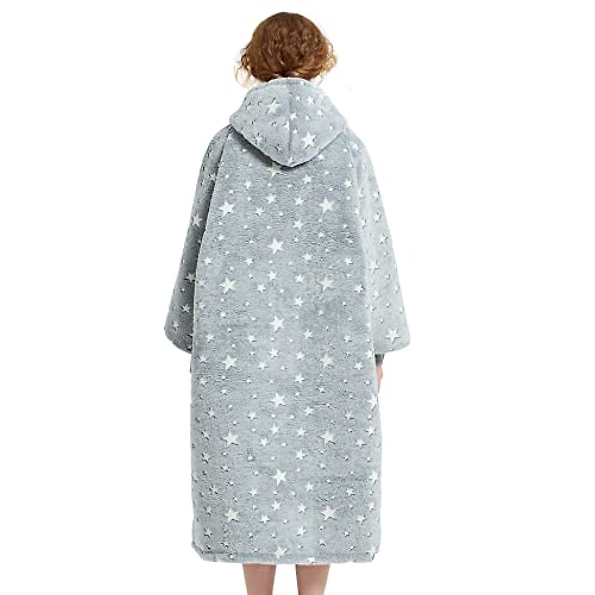 Wearable Blanket Hoodie Lengthened Oversized Sweatshirt for Adult, All Patterns Flannel Sherpa Blanket with 3 Pockets Mothers Day Gifts Glow in the Dark Star