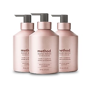 Method Gel Hand Soap, Vanilla + Raspberry, Reusable Pink Aluminum Bottle, Biodegradable Formula, 12 oz (Pack of 3)