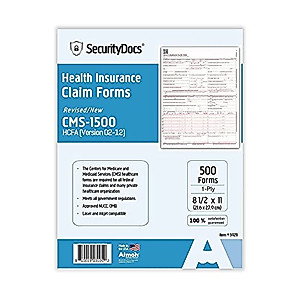 SecurityDocs 500 CMS-1500 Health Insurance Claim Forms, Laser/Inkjet Compatible (HCFA Form 1500 Version 02-12) 8.5x11, 500 Forms (59211)
