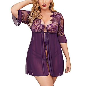 Avidlove Womens Lingerie Lace Plus Size Kimono Robe Mesh Nightgown Dress Sets Purple Large