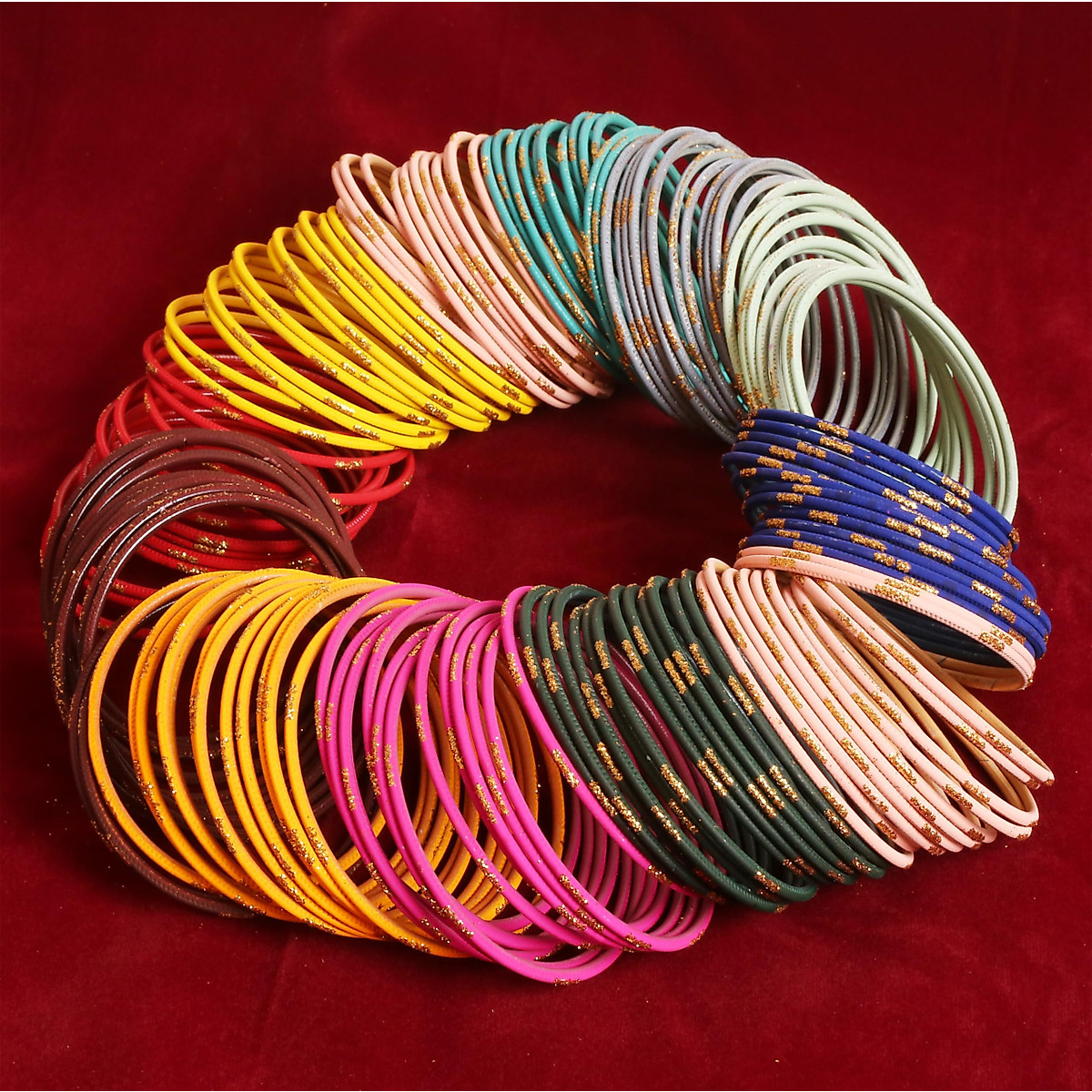 Touchstone NEW Colorful Bangle Collection Indian Bollywood Beautiful Hand Cut Edges Golden Sparkles 12 Lively Textured Matte Colors Designer Jewelry Bangle Bracelets. Set of 144.for Women
