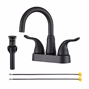 KPW Bathroom Sink Faucet 2 or 3 Hole Matte Black Centerset 4 Inch Bathroom Sink Faucet 2 Handle Plating Over ABS Plastic Non-Metallic Lavatory Bathroom Faucet with Pop up Drain Water Supply Hoses