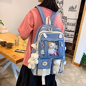 Preppy Backpack, Kawaii Backpack with Kawaii Pin And Accessories for Girls School Cute Aesthetic Backpack (Blue)