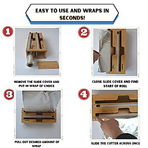 Tin foil and Plastic Wrap Organizer with Built-in Cutter, a 2-in-1 Bamboo Organizer for Kitchen, Pantry, RV, and Camper Compatible with 12-inch Rolls Labels Included.