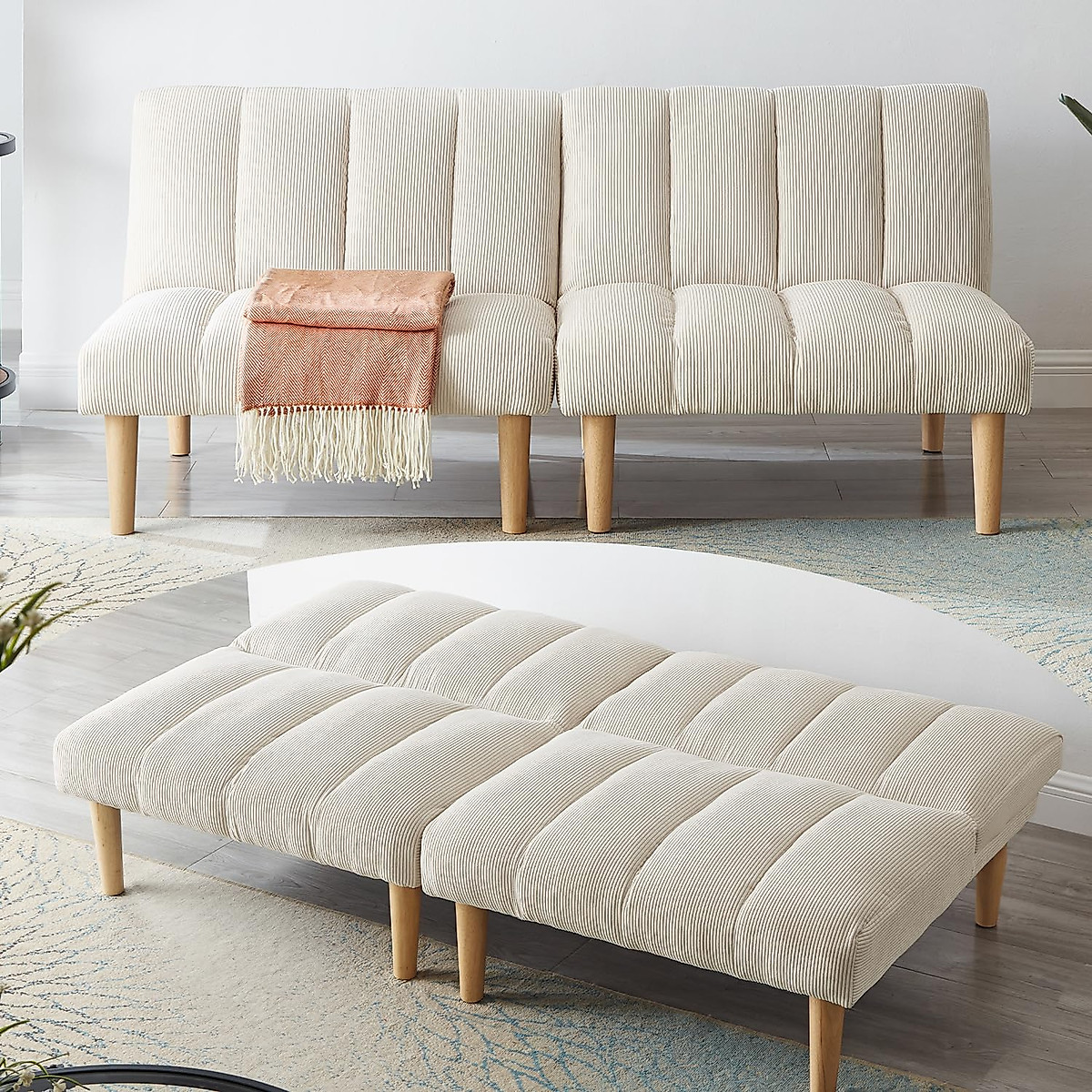 Modern Corduroy Convertible Folding Futon Couch Sofa Bed,with Adjustable Backrest Memory Foam Couch Double Loveseat Sofa for Compact Living Space,Dorm,Game Studio,Apartment,Bedroom (White)