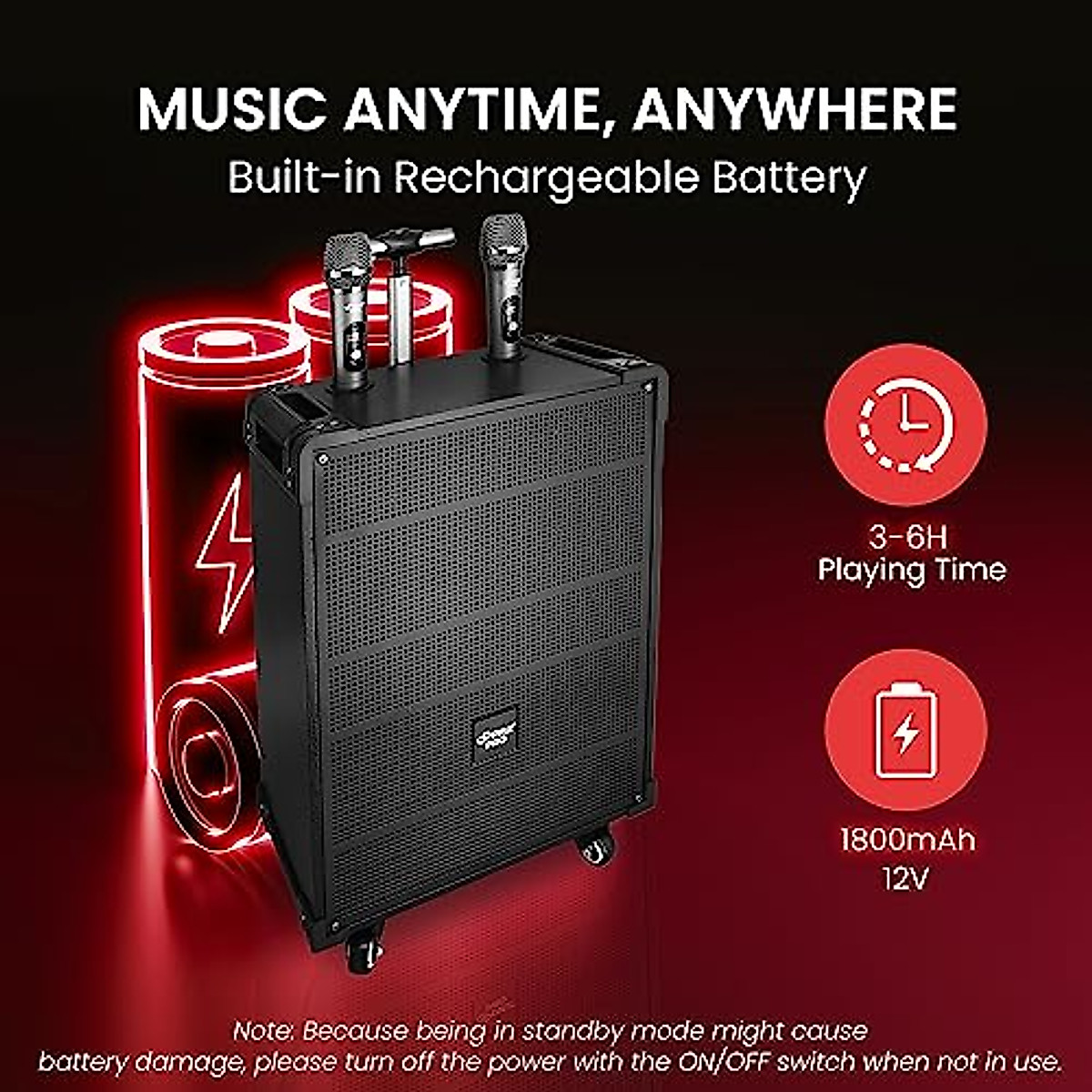 Pyle 12'' Portable Wireless Bluetooth Speaker System - Built-in Rechargeable Battery, Wireless Microphone, USB/Micro SD/FM - 80 Watt - FM Radio with Digital LED Display, PWMA1299A