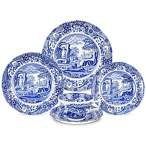 Spode Blue Italian 5-Piece Place Setting | Dinner Plate, Salad Plate, Bread & Butter Plate, Teacup and Saucer | Dishwasher Safe | Made in England from Fine Earthenware