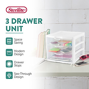 Sterilite 17918004 3 Drawer Unit, White Frame with Clear Drawers, Pack of 4
