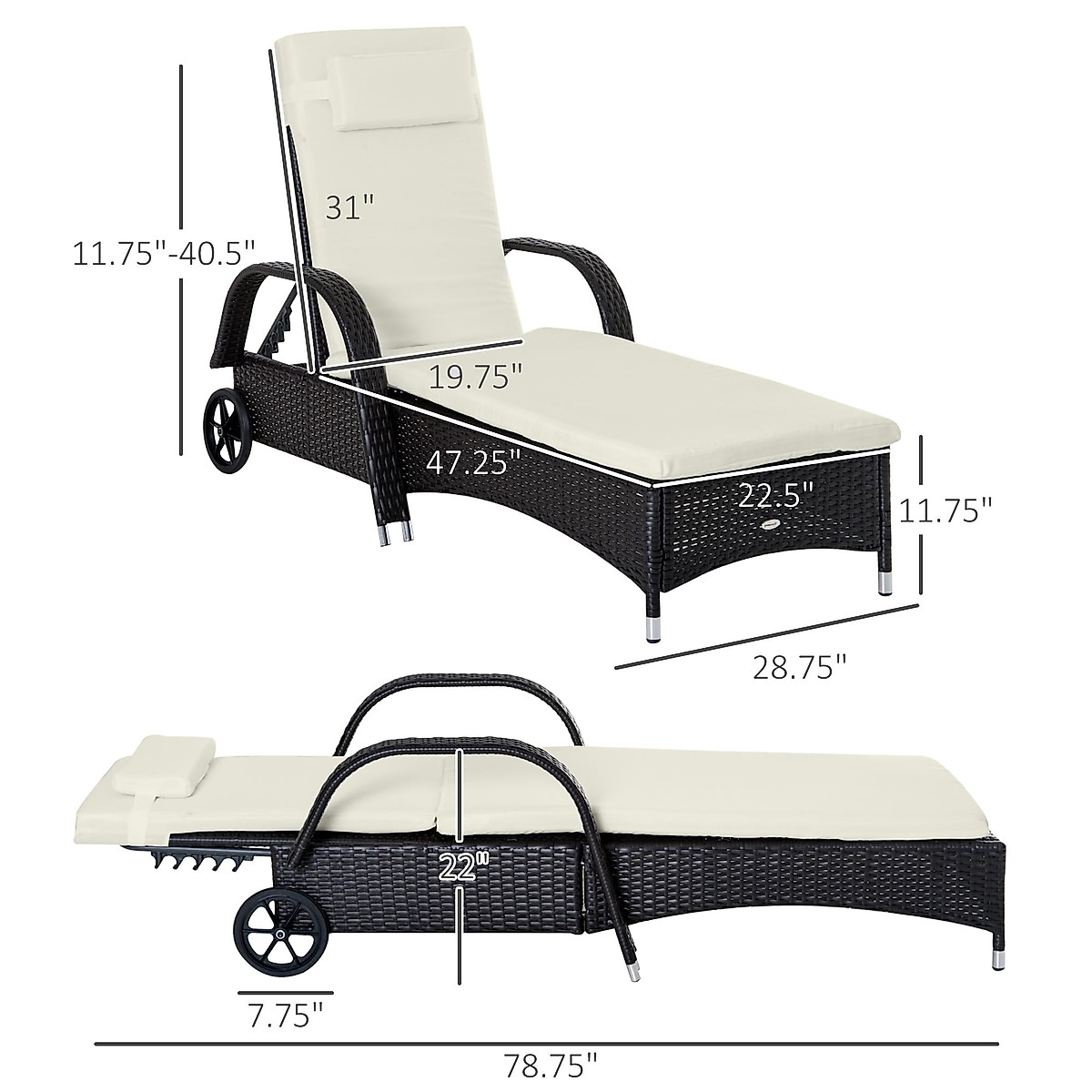 Outsunny Wicker Outdoor Chaise Lounge Set of 2, 5-Level Adjustable Backrest PE Rattan Pool Lounge Chair with Wheels, Cushion & Headrest, Dark Coffee and Cream White