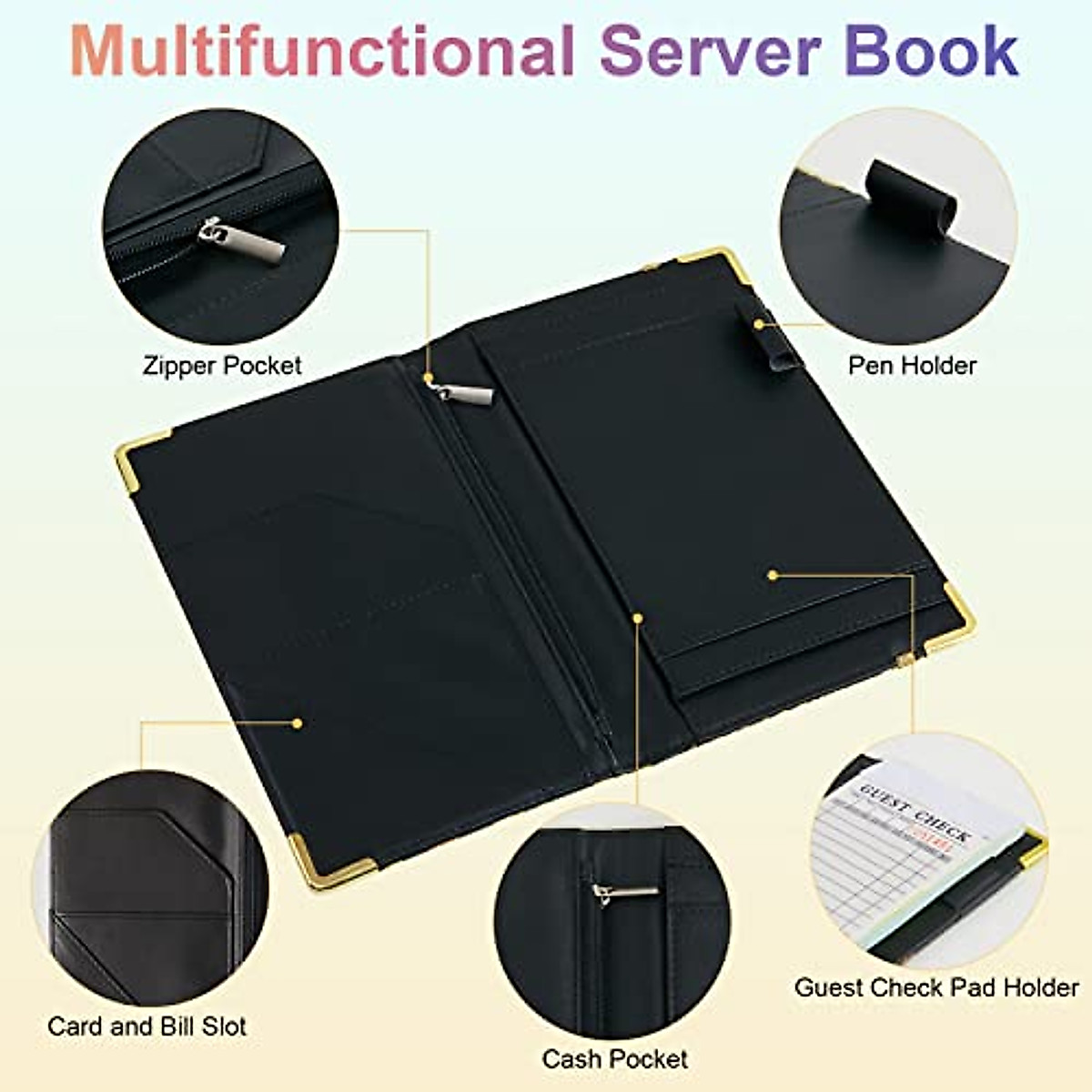 Waitress Book, Server Books for Waitress with Zipper Pocket Black Serving Waiter Book for Waitress Notepad with Money Pocket and Zipper