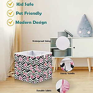 visesunny Rectangular Shelf Basket Tropical Pink Flamingo Flower Wavy Stripe Clothing Storage Bins Closet Bin with Handles Foldable Rectangle Storage Baskets Fabric Containers Boxes for Clothes,Books,