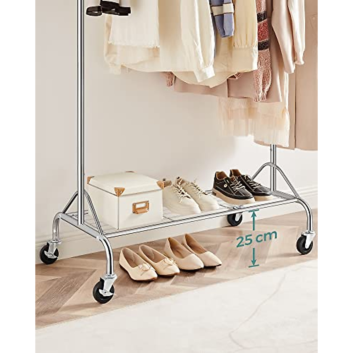 SONGMICS Heavy Duty Metal Clothes Rail with Shoes Shelf, Maximum Load of 50 kg, one Rod, Silver