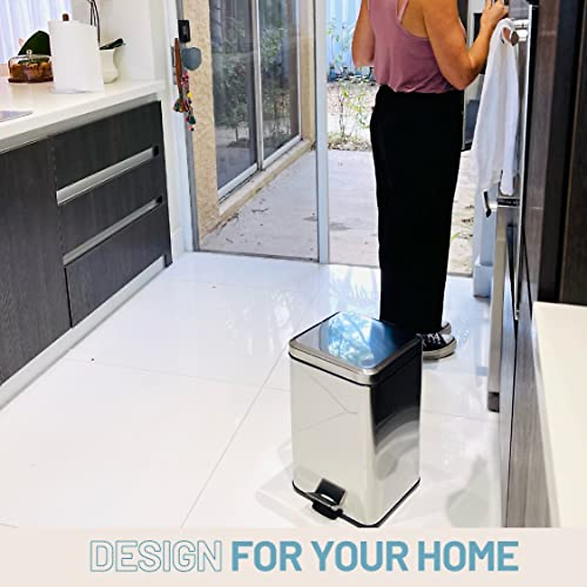 AWENN - Kitchen Garbage Trash Can with Lid and Pedal - Touchless Round Shape Waste Bin - Stainless Steel Dustbin with Removable Inner Bucket for and Outdoors – Gray (5.3 Gallon – 20 Liters)