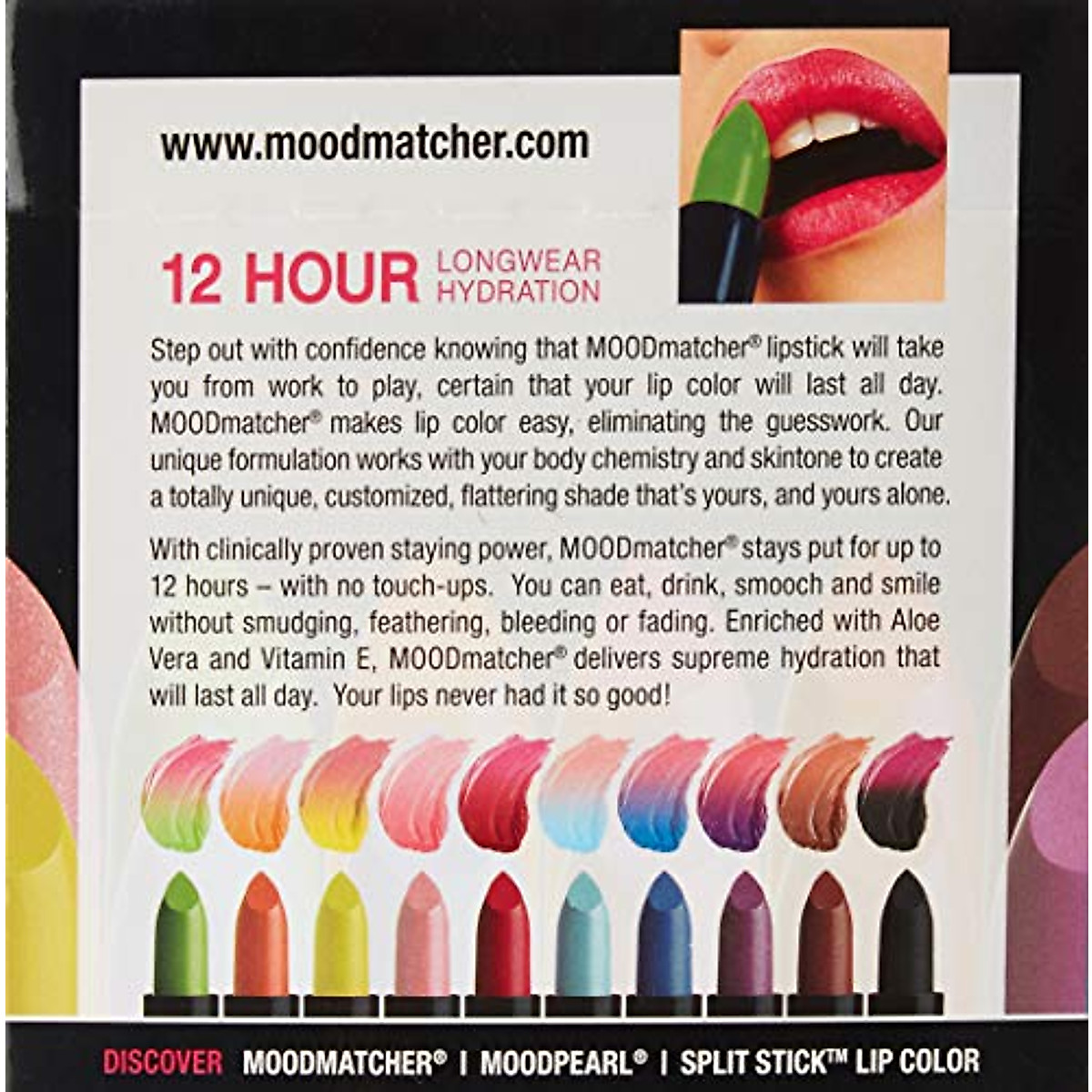 MOODmatcher Lipstick, 10PC Collection of the Original Color-Change Lipstick - Maskproof, 12 HOUR Long Wear, Enriched with Aloe & Vitamin E for Ultra-Hydration, Waterproof - Made in USA