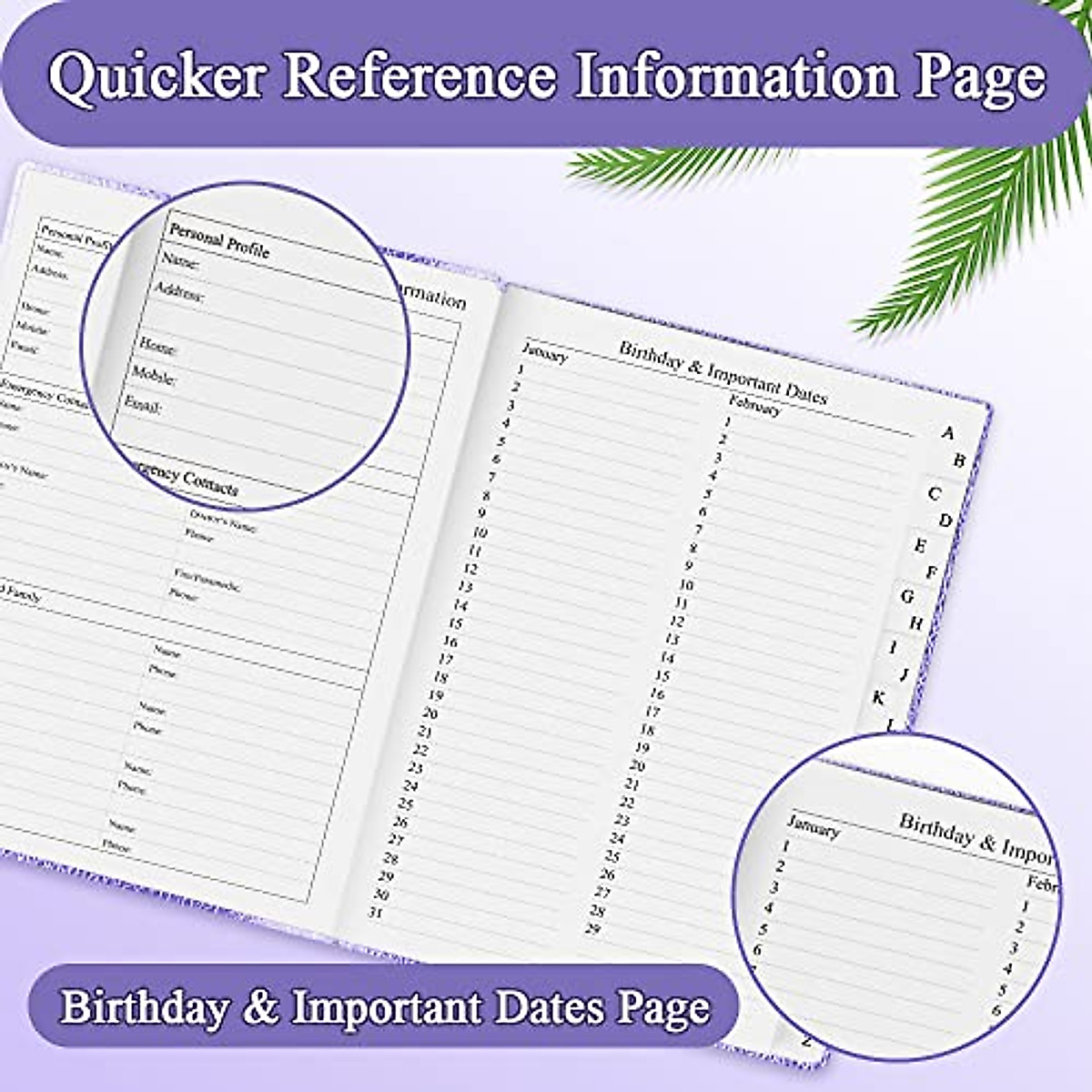 Getvow Telephone and Address Book with Tabs 5" x 7" Address Book Hardcover with Birthday, Address, Phone Numbers, Websites Password. Address Notebook for Home or Office, Purple