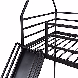 Harper & Bright Designs Twin over Twin House Bunk Bed with Slide and Ladder, Metal Low Bunk Bed Frame for Kids Girls Boys - Black