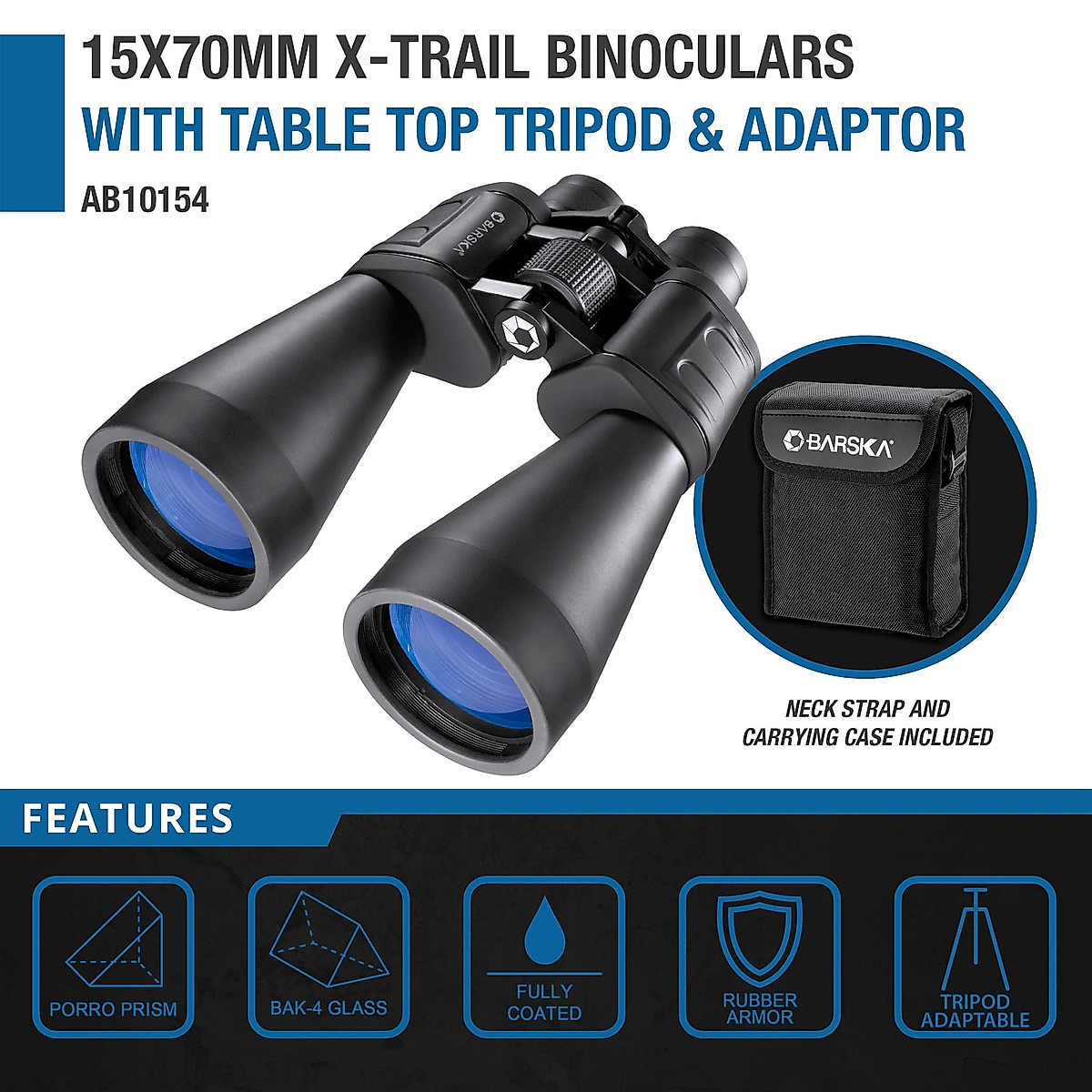 BARSKA X-Trail 15x70 Binocular w/ Tripod Adapter & Tripod , Black