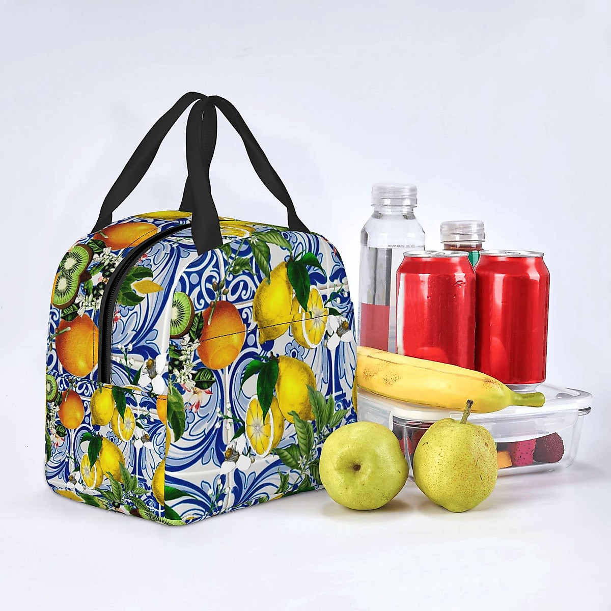 Larklitz Mediterranean Lemon On Blue Ceramic Tiles Reusable Insulated Lunch Bag for Women and Men, 8.5"x8"x5"/22x20x13 cm, Polyester