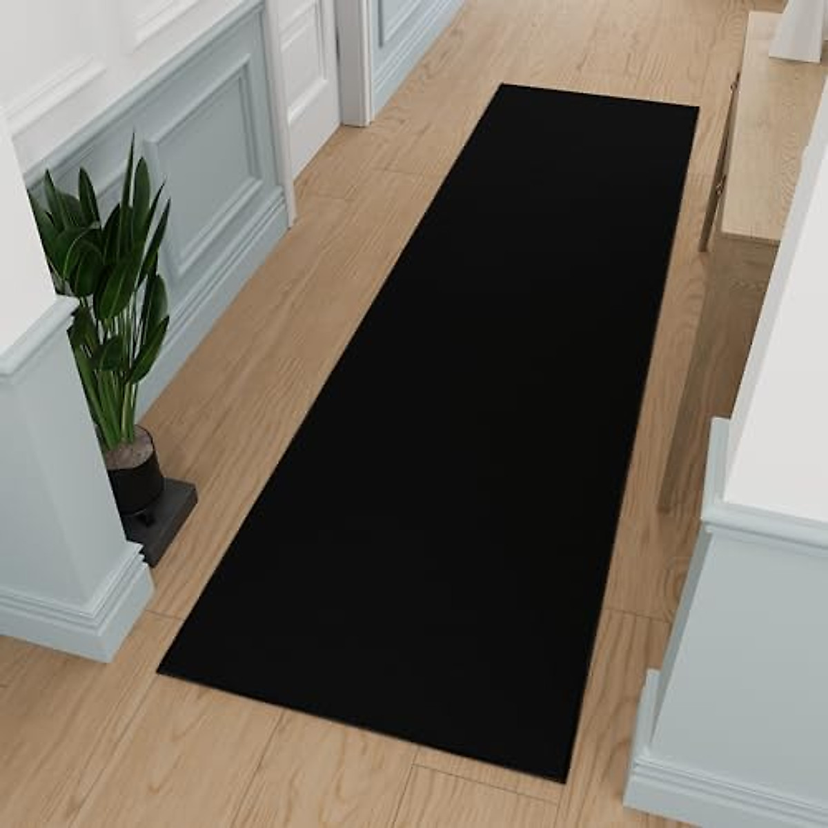 Machine Washable Modern Solid Design Non-Slip Rubberback 2x12 Traditional Runner Rug for Hallway, Kitchen, Bedroom, Living Room, 1'10" x 12', Black