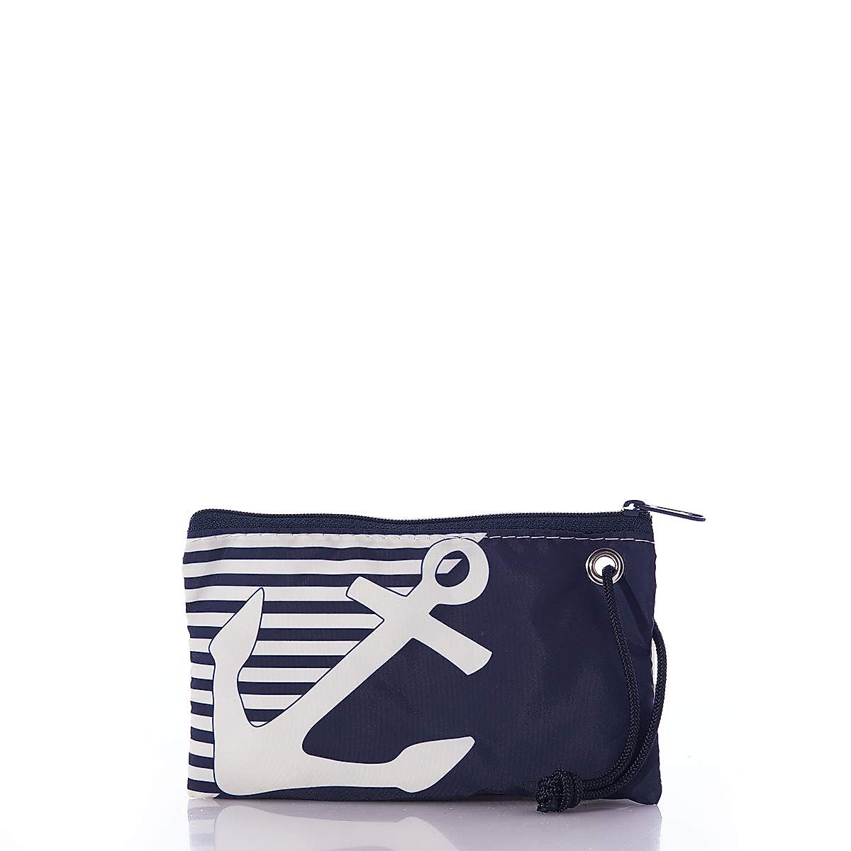 Sea Bags Recycled Sail Cloth Breton Stripe White Anchor Wristlet Zip Top Wristlet Clutch Zippered Wallet with Strap