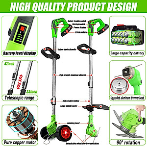 Weed Wacker Battery Operated, Electric Weed Eater Cordless Weed Trimmer Battery Powered 21V 2Ah,Lightweight Grass Trimmer/Lawn Edger/Mower/Brush Cutter, Wheeled No String Lawn Trimmer for Garden Yard