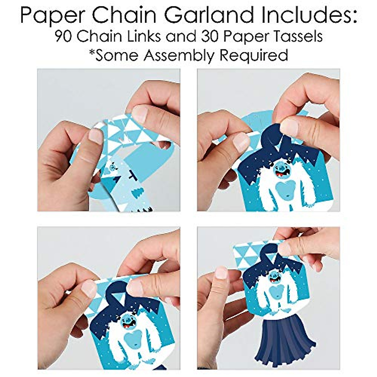 Big Dot of Happiness Yeti to Party - 90 Chain Links and 30 Paper Tassels Decoration Kit - Abominable Snowman Party or Birthday Party Paper Chains Garland - 21 feet