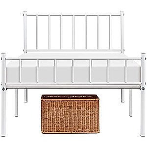 Yaheetech Twin Size Bed Frame Metal Platform Bed Frame Mattress Foundation with Spindle Headboard & Footboard/No Box Spring Needed/14 Inch Underbed Storage/Firm Support & Easy Set up Structure, White