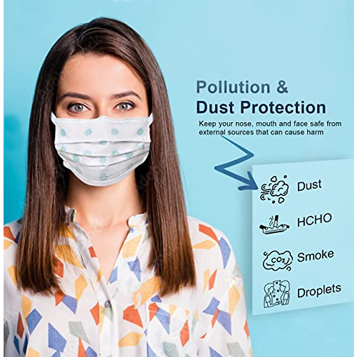 50 Pcs Disposable Face Masks, 3 Ply Cotton Face Mask, Adjustable Ear loops For Face Protection, Breathable Single Use Clearance Face Masks (50 Count (Pack of1), Flower Blue)