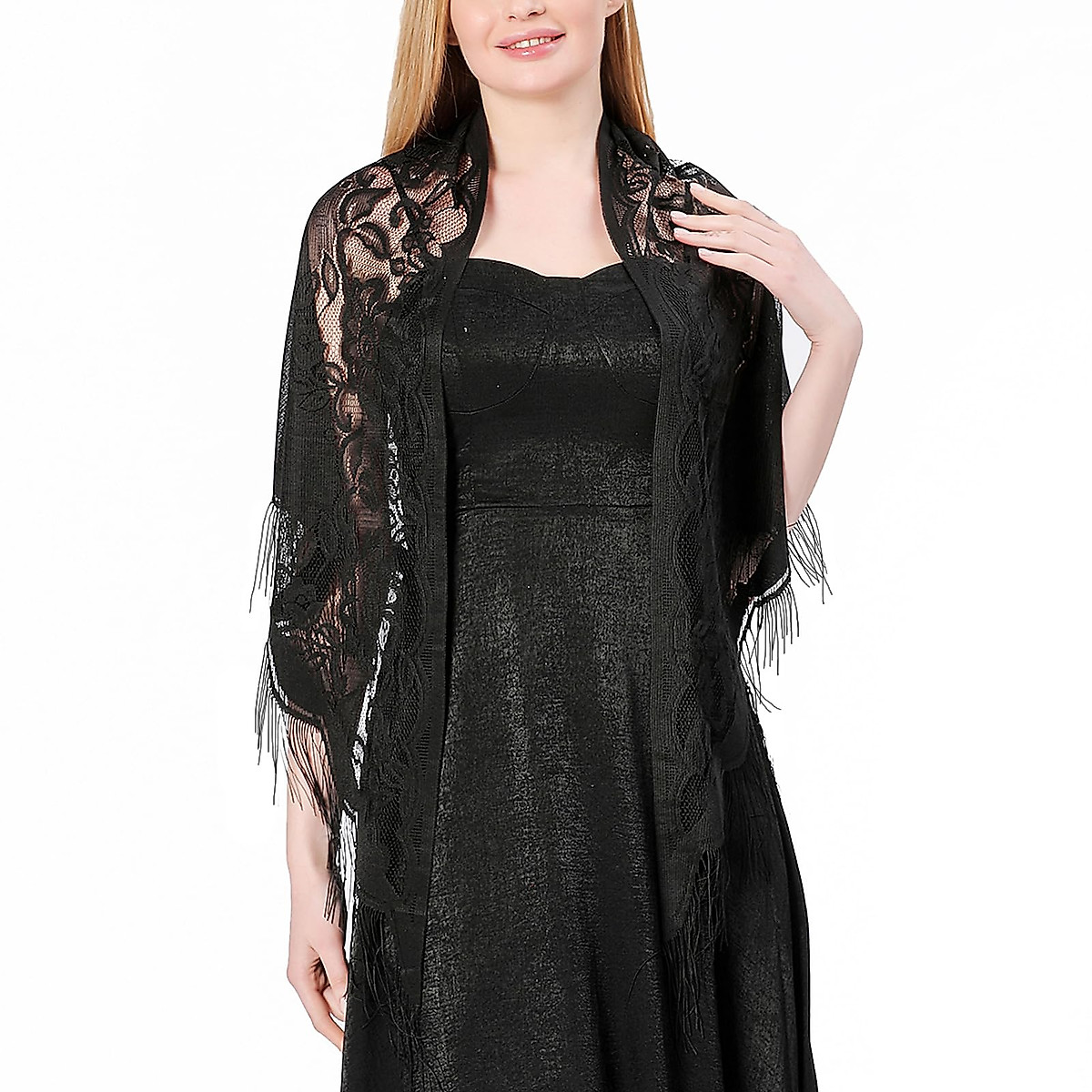 Ladiery Triangle Lace Shawls and Wraps for Evening Dresses with Tassels for Evening Party Mesh Wedding Shawls