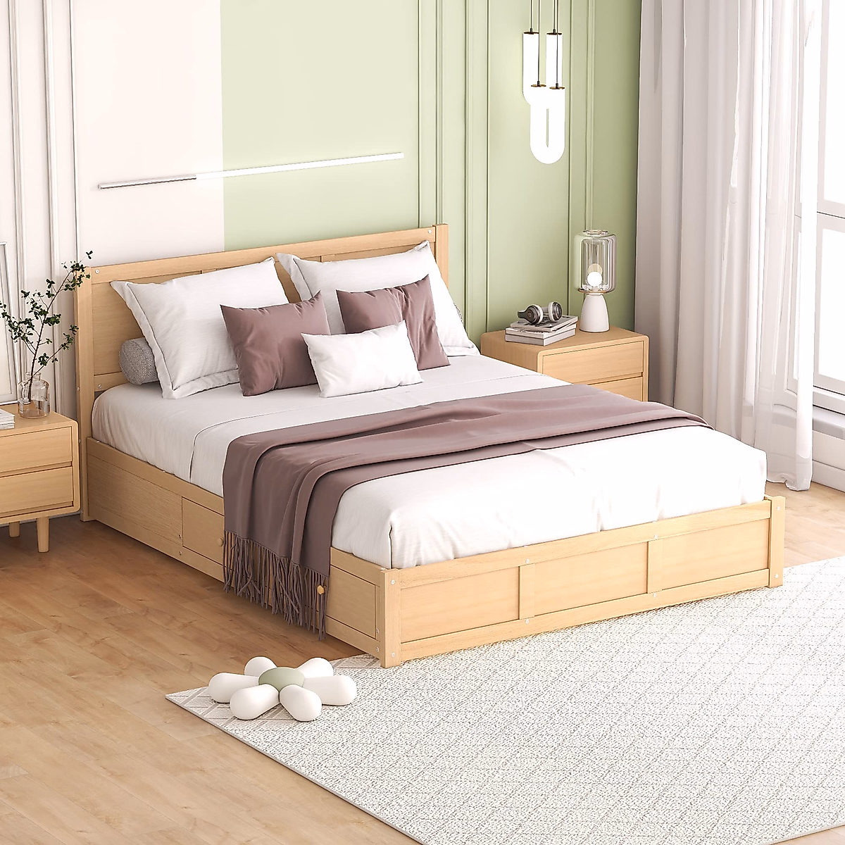 Bellemave Queen Wood Platform Bed Frame with Headboard, Underneath Storage and 2 Drawers, No Box Spring Needed, Easy Assembly, Natural Wood Color