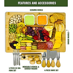 PandPal Charcuterie Cheese Board Set with Bonus Knives, Bowls, and Forks – Reversible Extra Large Bamboo Board & Serving Tray with Deep Grooves and Easy Handles