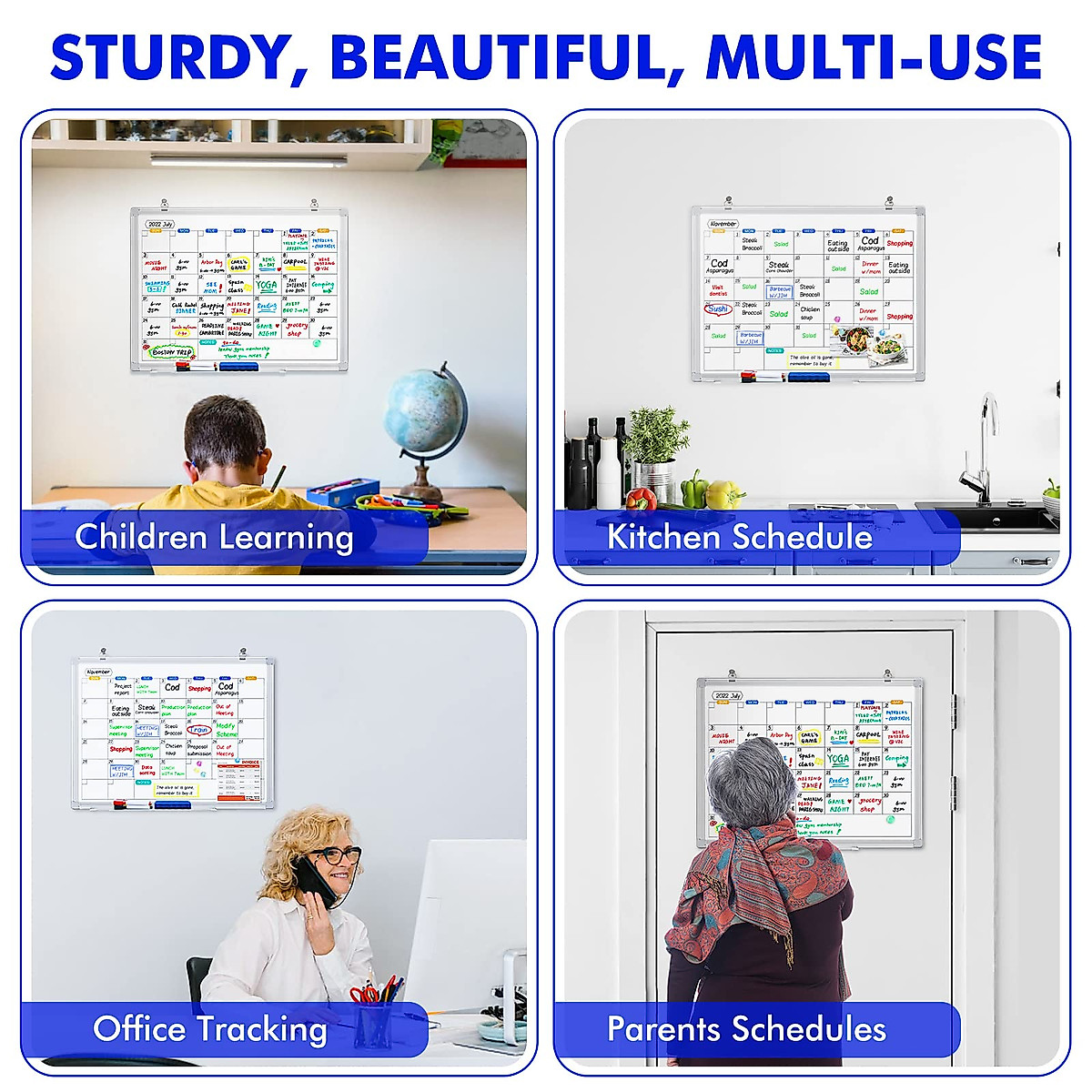 Dry Erase Calendar Whiteboard for Wall, 36" x 24" Magnetic Monthly WhiteBoard Calendar Dry Erase, Wall Hanging Aluminum Frame Calendar Board with Tray for Home, School, Office (Silver Frame)