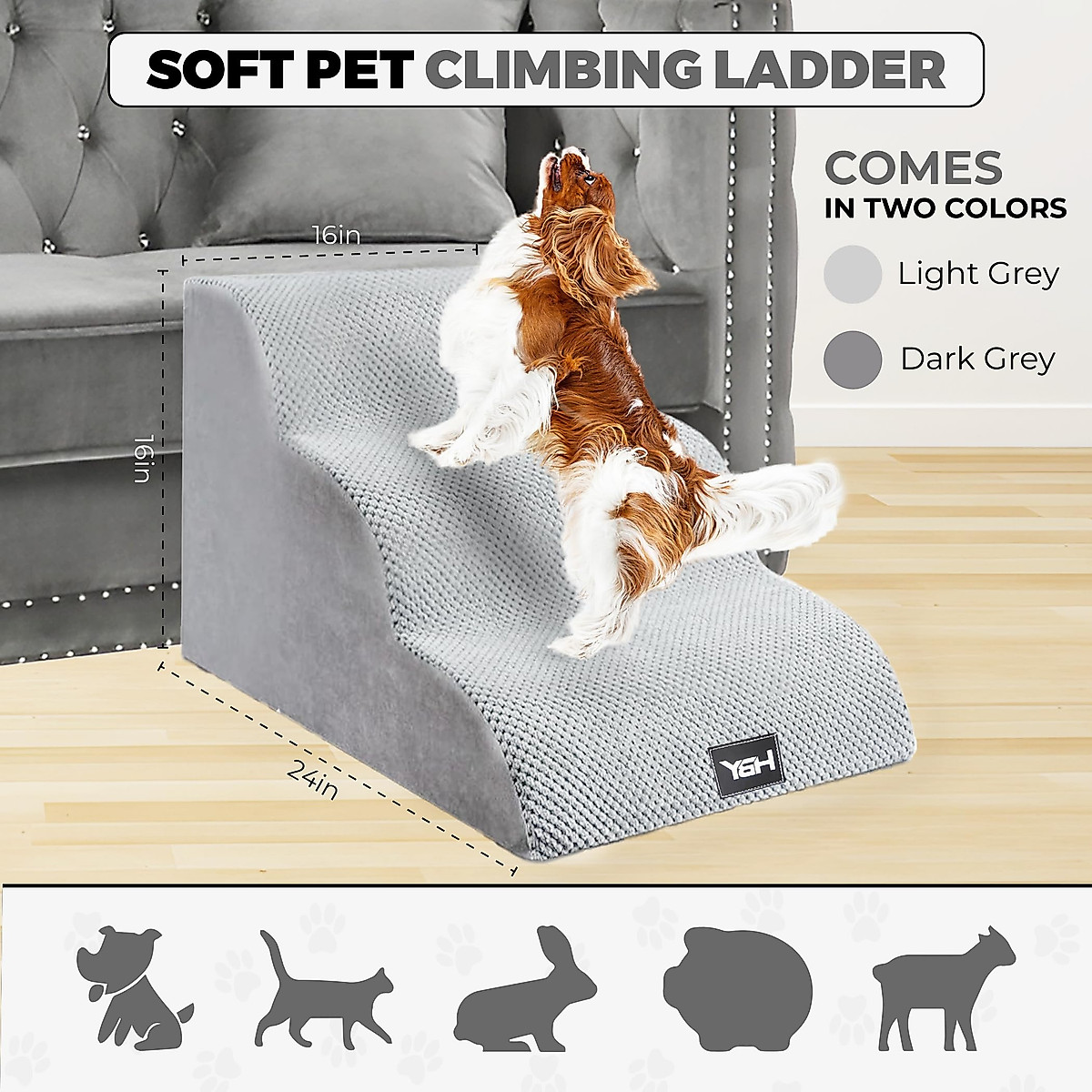 High-Density Foam Dog Stairs, 3-Tier Steps for Dogs & Cats - Durable Ramp for Small/Medium/Older Pets - Bed & Couch Access - 24x16x16 in