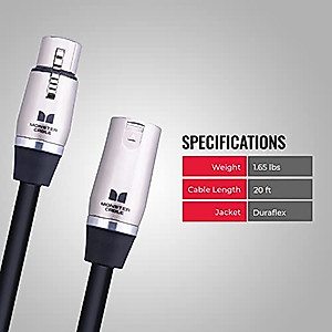 Monster Prolink Performer 600 Microphone Cable - Engineered with Custom XLR Connectors, Microfiber Dielectric, Duraflex Jacket, and Carbon Polymer Shielding, 20 ft. Cable