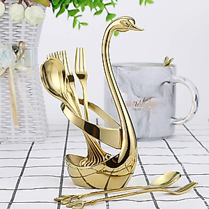 AnSaw Gold Swan Base Holder With 20 Pcs 4.7"Small Leaf Handle Coffee Spoons & Dessert Forks Set(Gold,10+10)