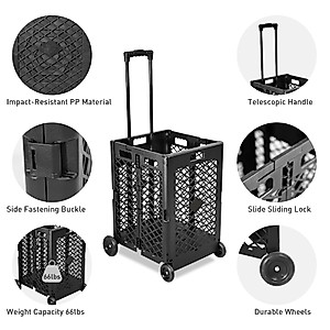 Endynino Foldable Rolling Crate with Wheels, Folding Heavy Duty Collapsible Basket with Telescopic Handle, 66 lbs Capacity Rolling Cart for Shopping,Travel, Laundry, Black, Large