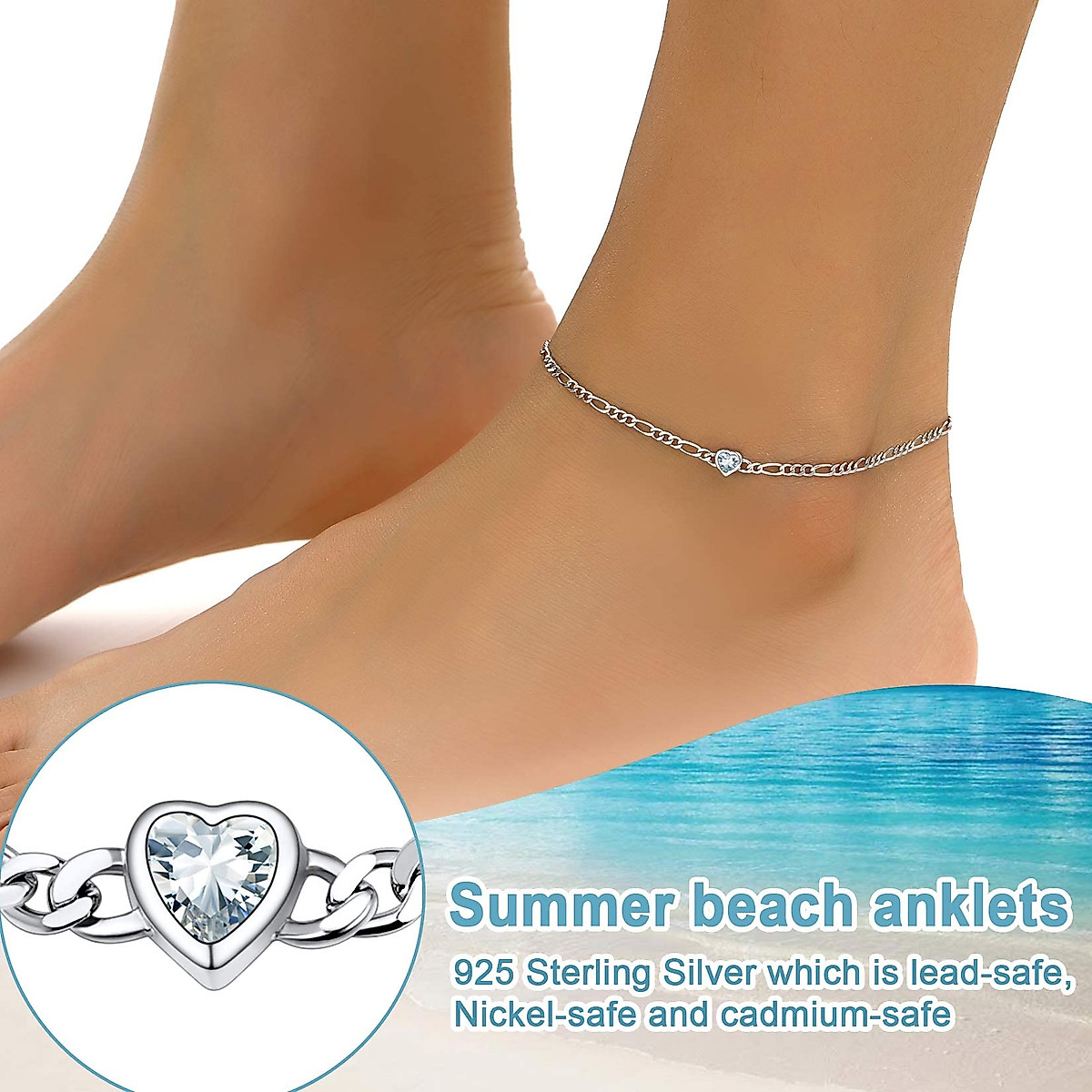 SILVERCUTE April Birthstone Ankle Bracelet 925 Sterling Silver 3mm Chain for Barefoot Figaro Anklets for Women, 8.5"-10.5"