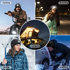 ROCKBROS LED Skull Cap with Light, Rechargeable Headlamp Cap, Winter Warm Running Cycling Cap, LED Lighted Beanies Hat,Headlight Flashlight Hiking Camping,Tech Gifts for Men Women Handyman Teens Black