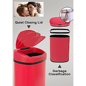 50 Liter Kitchen Trash Can with Lid Garbage Can 13 Gallon Tall Kitchen Automatic Trash Can Motion Sensor Trash Can, Stainless Steel Garbage Can Trash Bin Anti-Fingerprint, Soft-Close Lid (Red)